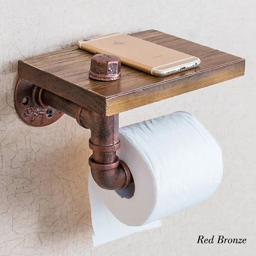 Деревянная настенная полка ZJMZYM с держателем для туалетной бумаги, Коричневый