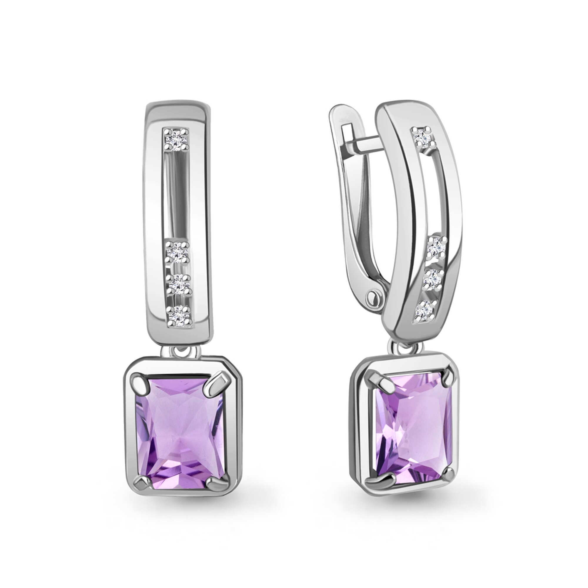 Серьги, серебро, 925 проба, родирование, аметист, фианит