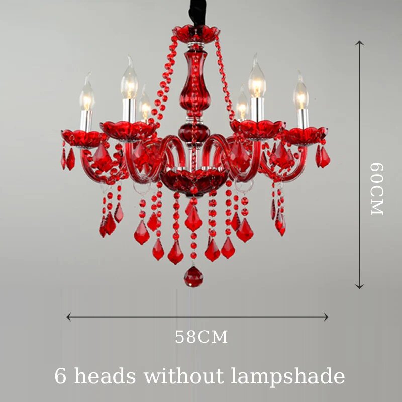 Красная хрустальная люстра Ynhaw E14, Dia58 X H60 CM, No Bulb Included, 6-head, E14 Socket, Red Without Shade