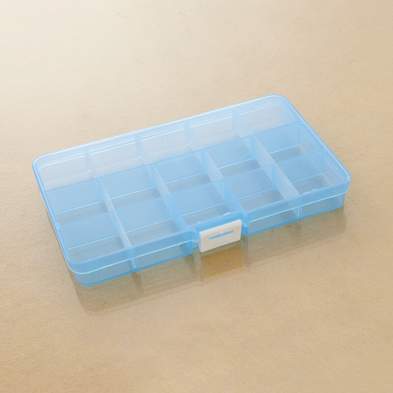 Маленькая прозрачная пластиковая коробка для хранения украшений на 15 ячеек, разборная, для хранения бижутерии, лекарств, макияжа, рукоделия и рыболовных принадлежностей. Маленькая 15-ячеечная голубая.