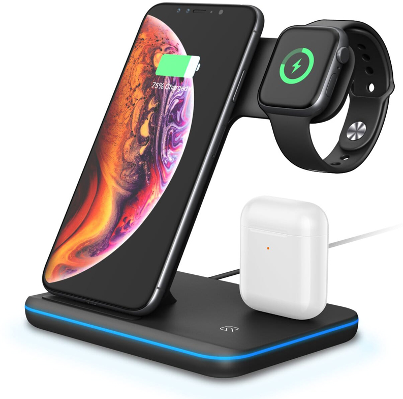 Беспроводная зарядная станция 3 в 1 для iPhone + Apple Watch + AirPods / Зарядное устройство с Qi технологией для смартфона / часов / наушников / Black