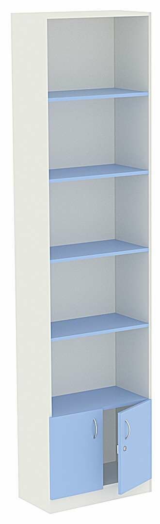 Высокий пристенный стеллаж с накопителем для аптеки голубой ГОРИЗОНТ-2ВН-300