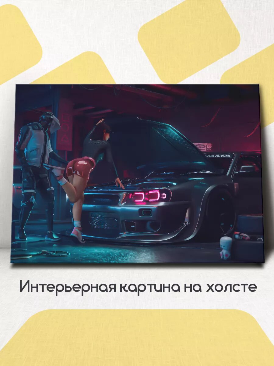 Картина на стену интерьерная Аниме машина, гараж 60x45 см