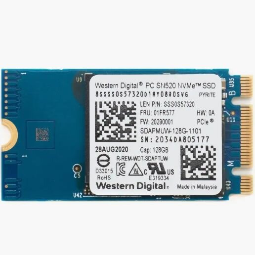 512 ГБ M.2 накопитель Western Digatal SN520 (SDAPMUW-512G-1001) - PCI-E 3. x x2, чтение - 2100 Мбайт/сек, запись - 800 Мбайт/сек, 3D NAND