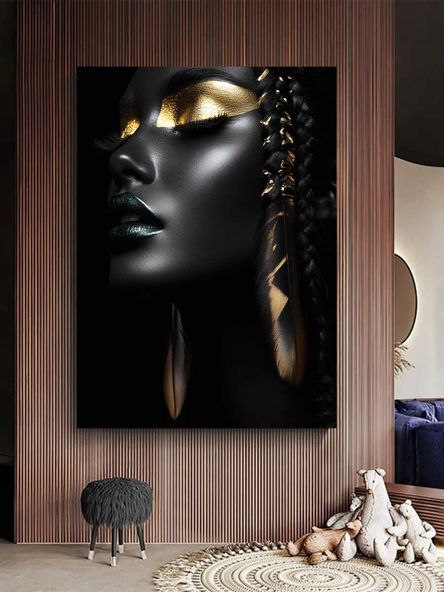 Картина интерьерная - "Африканка / Негритянка, лицо девушки, золото" , 40х60 см.