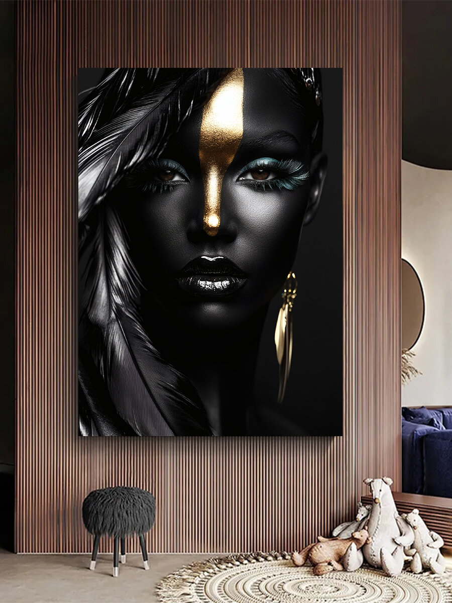 Картина на стену - "Африканка / Негритянка, лицо девушки, золото" , 50х70 см.