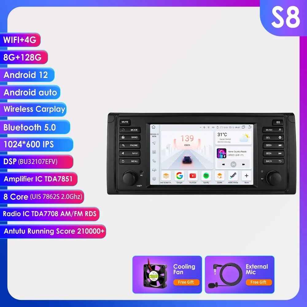 AI Carplay Android Auto Авто Радио Мультимедиа Для BMW 5 серии E39 X5 E53 M5 1996-2003 Навигация без DVD RDS Стерео GPS 7862 S8