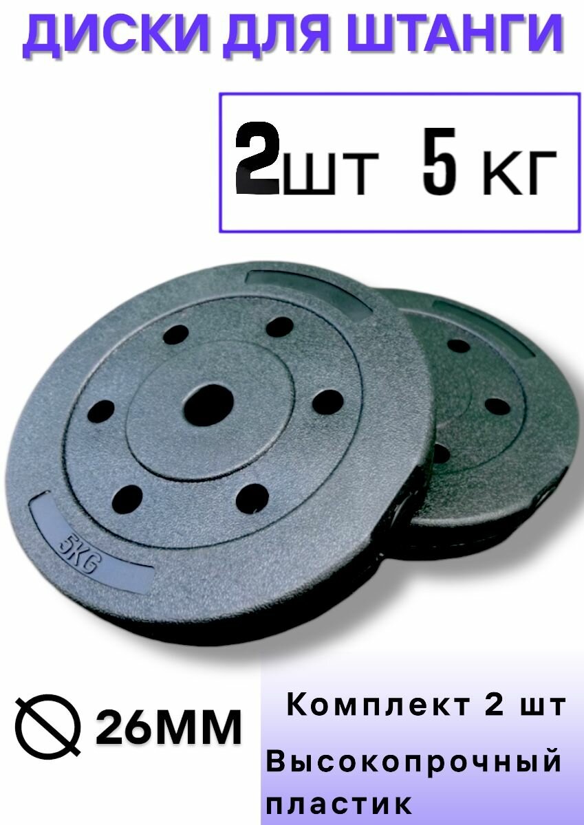 Диски для штанги 2 шт. по 5 кг, d-26 мм, черные, пластик