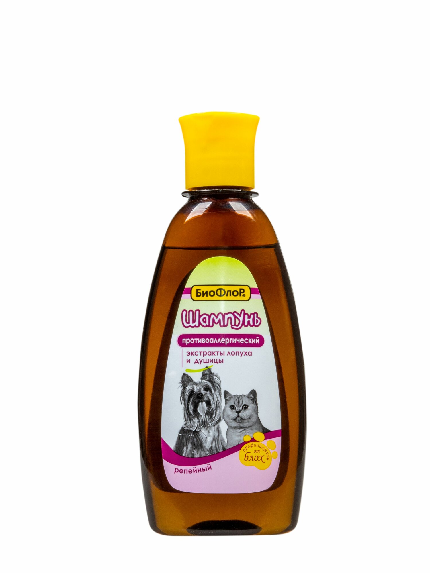 БиоФлоР Шампунь для собак и кошек "Противоаллергический. Репейный", профилактика от блох, с экстрактами лопуха и душицы, 245 мл