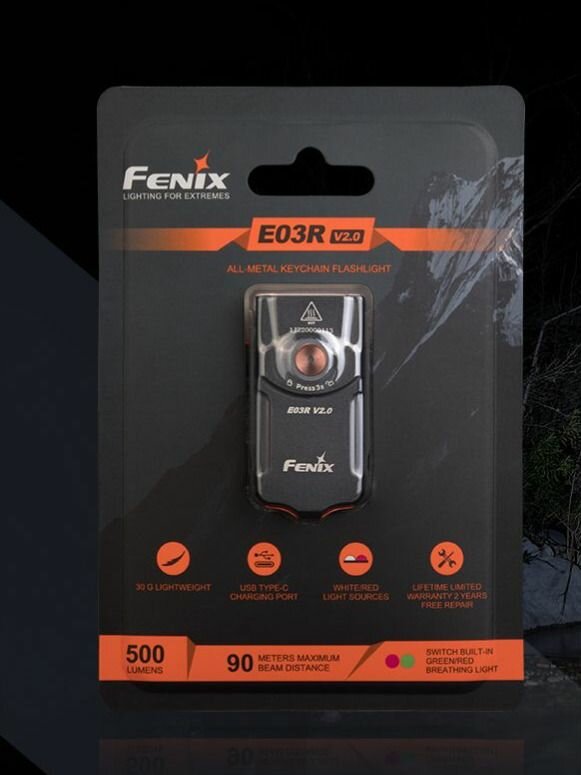 Фонарь-брелок Fenix E03R V2.0 серый карманный универсальный, белый и красный свет