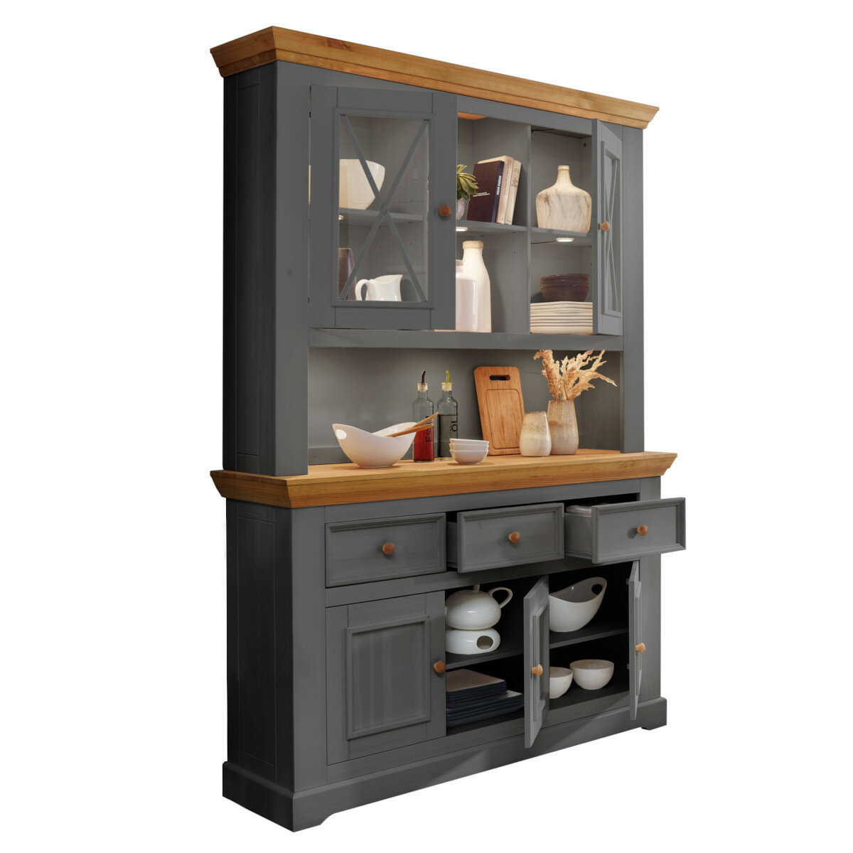 Буфет шкаф для гостиной Фламберже 148х42х213 покрытие: серый/бейц-масло