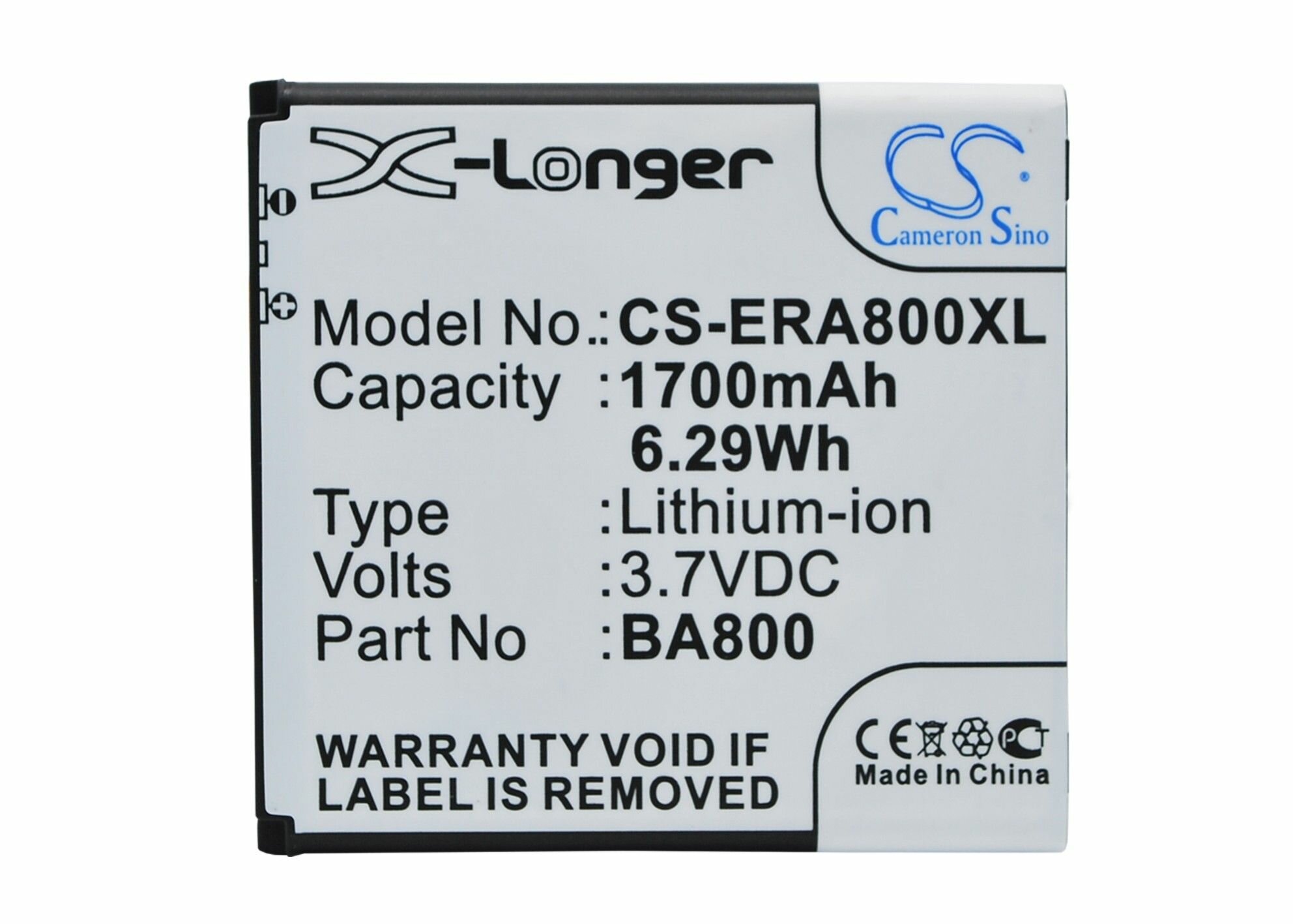 CS-ERA800XL Категория Мобильный телефон, смартфон батарея Подходит для бренда Сони Эрикссон Подходит модель Arc HD, Hikari, LT25, LT25C 1700mAh / 6.29WhmAh 3.7V