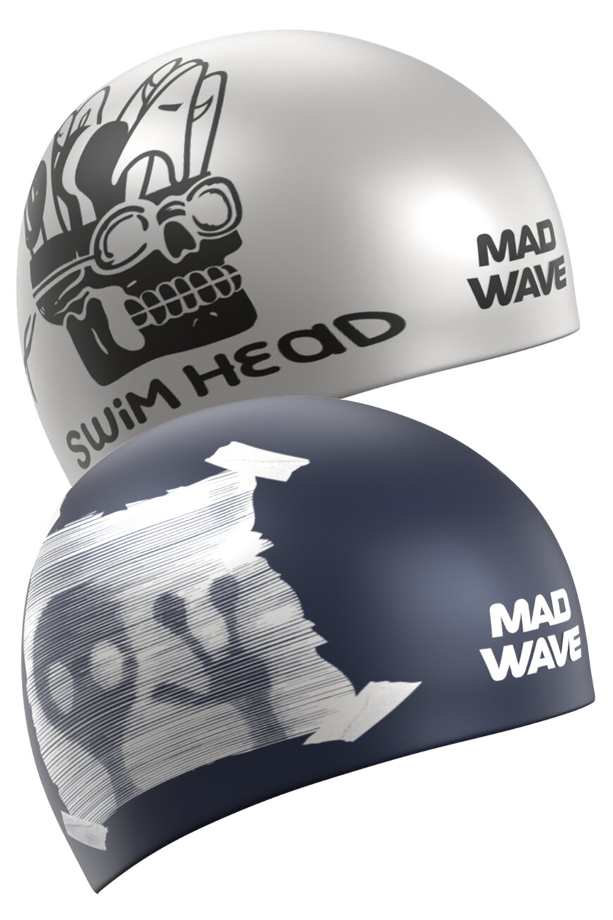 Силиконовая двухсторонняя шапочка MAD WAVE Reverse Swim head, универсальная, цвет серебряный/синий с рисунком