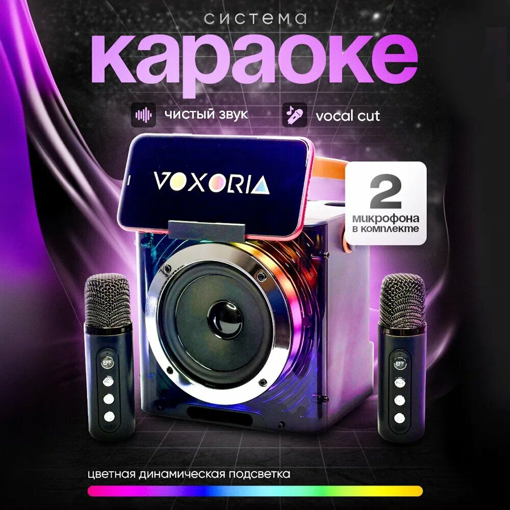 Караоке-система с двумя беспроводными микрофонами, портативная, RGB-подсветка, черный