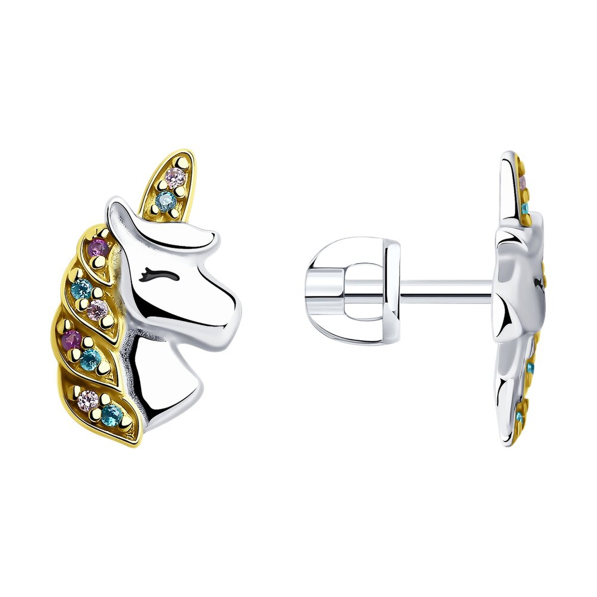 Серьги пусеты, серебро, 925 проба, золочение, фианит