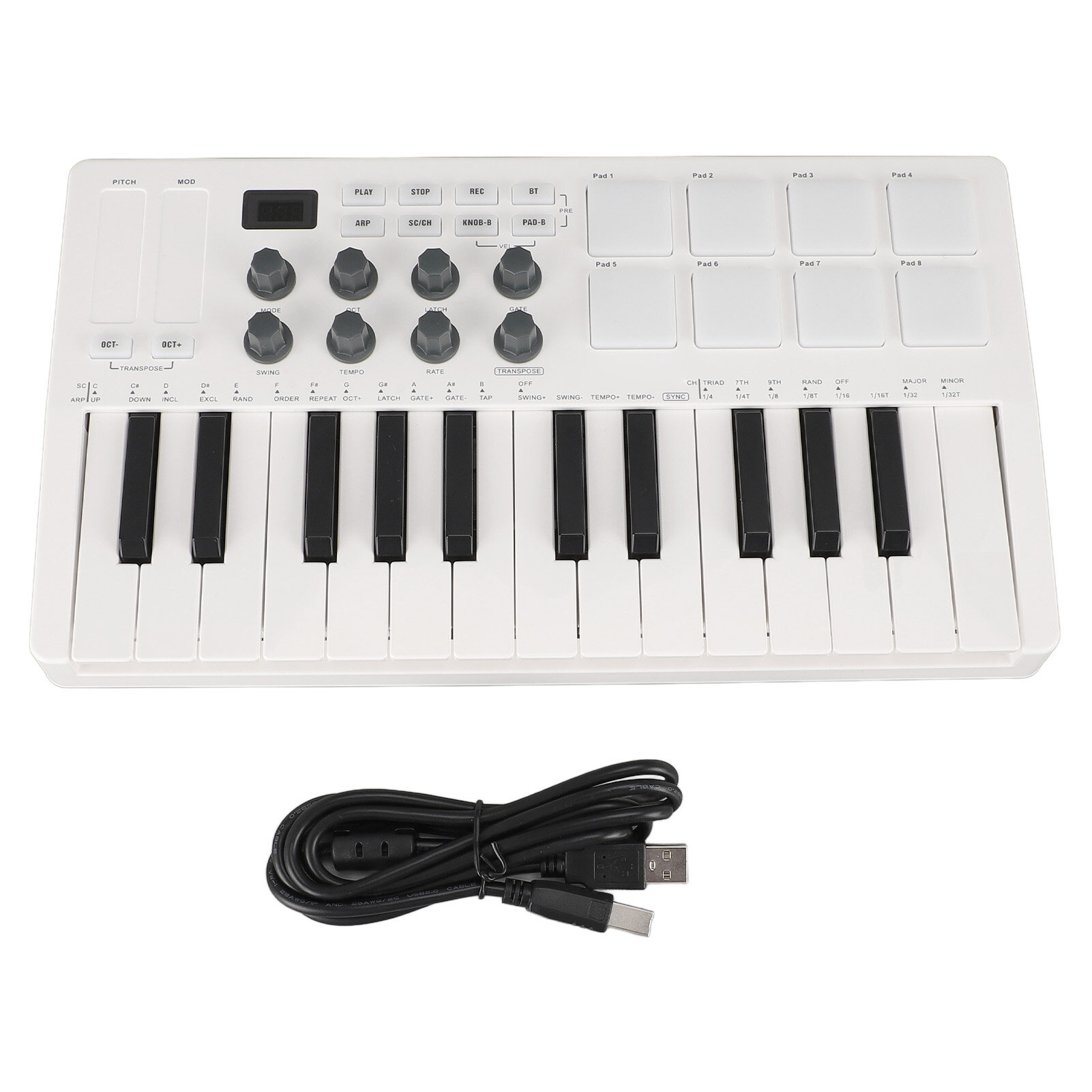 USB MIDI-клавиатура-контроллер с 25 клавишами, 8 пэдами MPC, подсветкой барабанов и назначаемыми регуляторами, а также программным обеспечением для создания музыки.