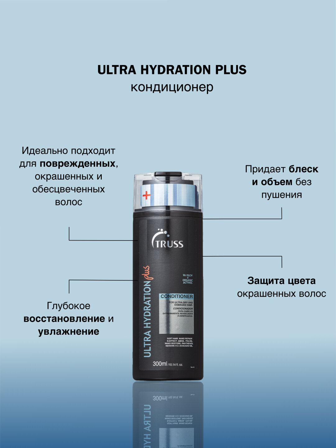 Кондиционер TRUSS Professional Ultra Hydration Plus Conditioner 300ml, защита цвета, для сухих и поврежденных волос.