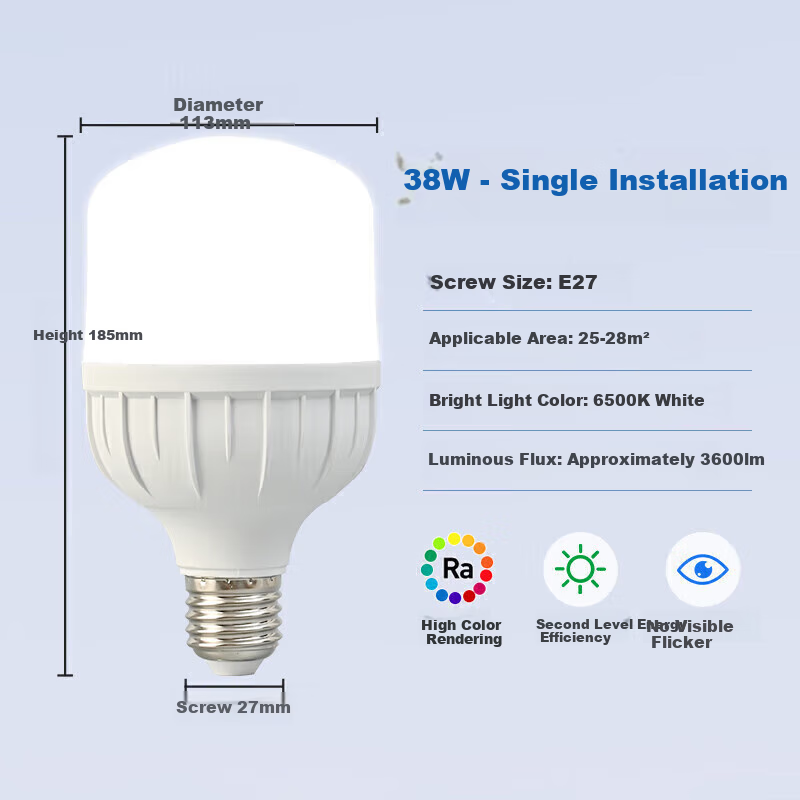 CHNT (CHNT) LED Bulb Energy Saving Lamp E27 Screw Household Commercial High Power Light Source 38W Daylight Column Bulb