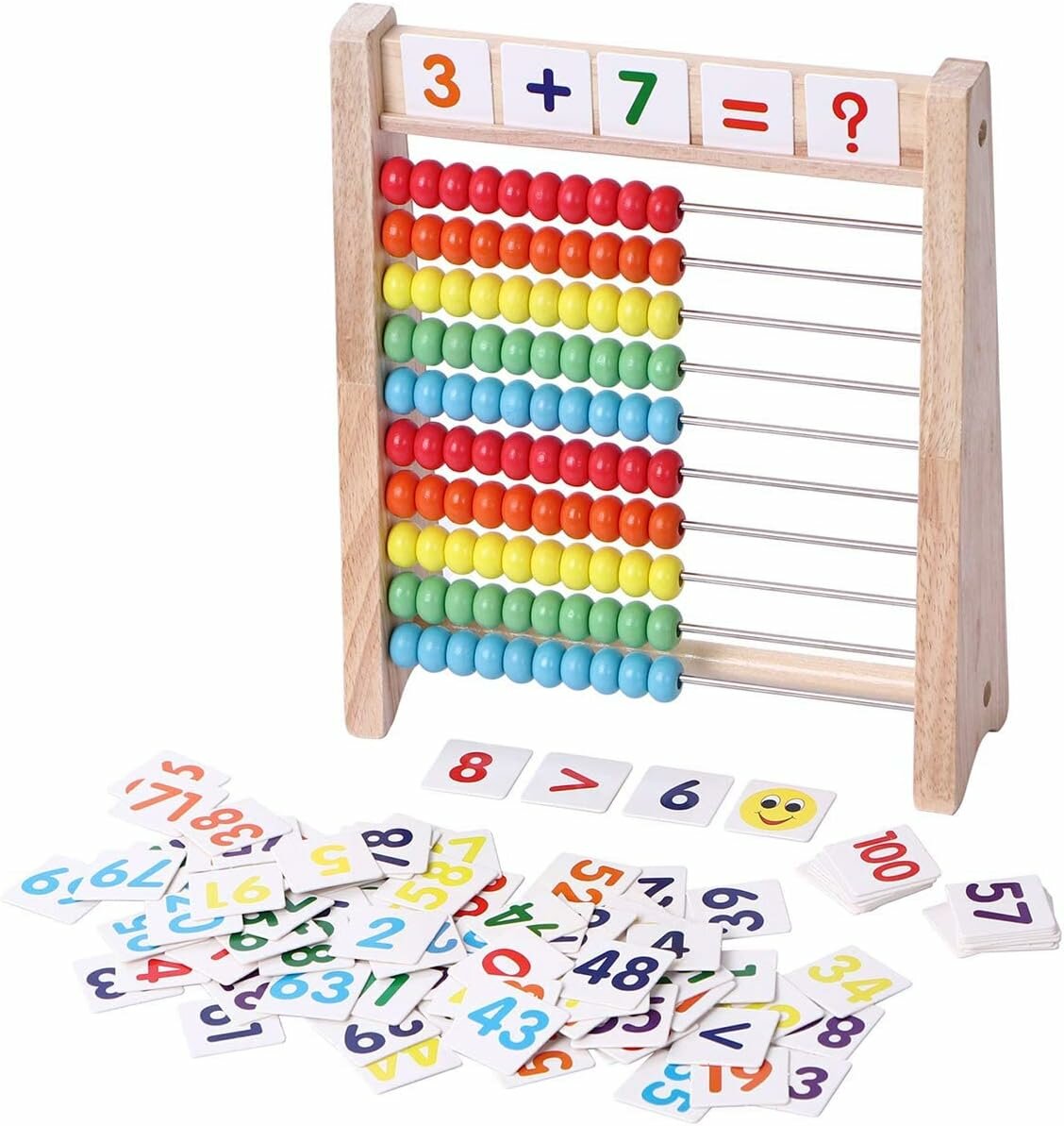 Деревянный абакус для детей с 100 счетными палочками и 110 математическими карточками, радужный абакус, цветная упаковочная коробка, деревянный материал, 10 вычислительный абакус, цельный деревянный 10 вычислительный абакус