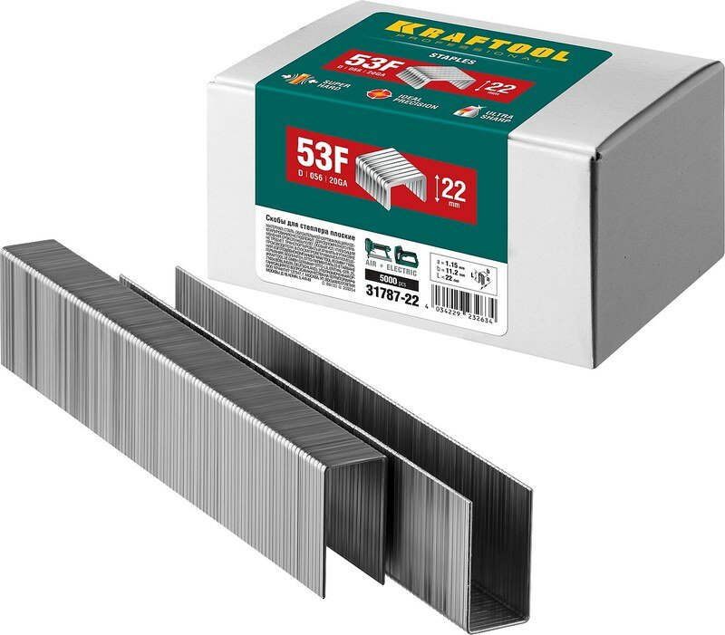 Скобы для степлера Kraftool 31787-22 тип 20GA 53F/D/056 22мм, 5000 шт