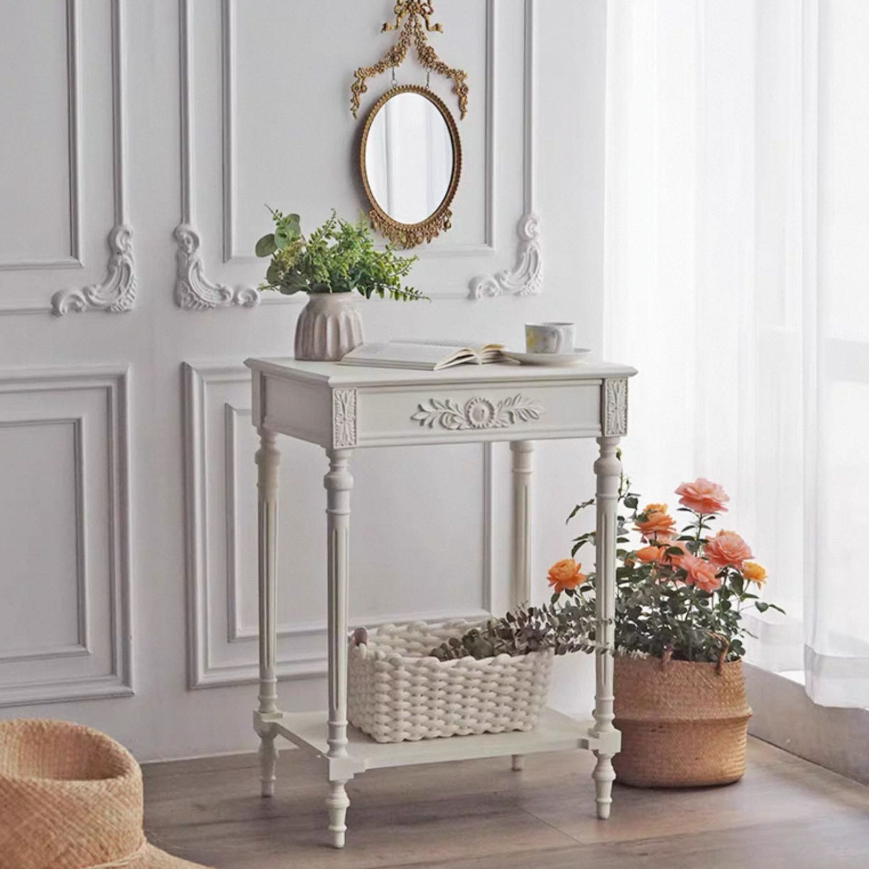 Интерьерный высокий столик с ящиком для хранения во французском стиле Bastide (белый)