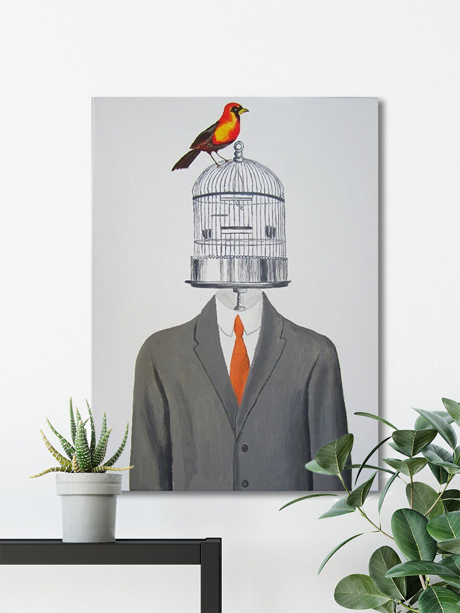 Картины с животными на стену - "Птичка на клетке", прикольная картина, 60х80 см.