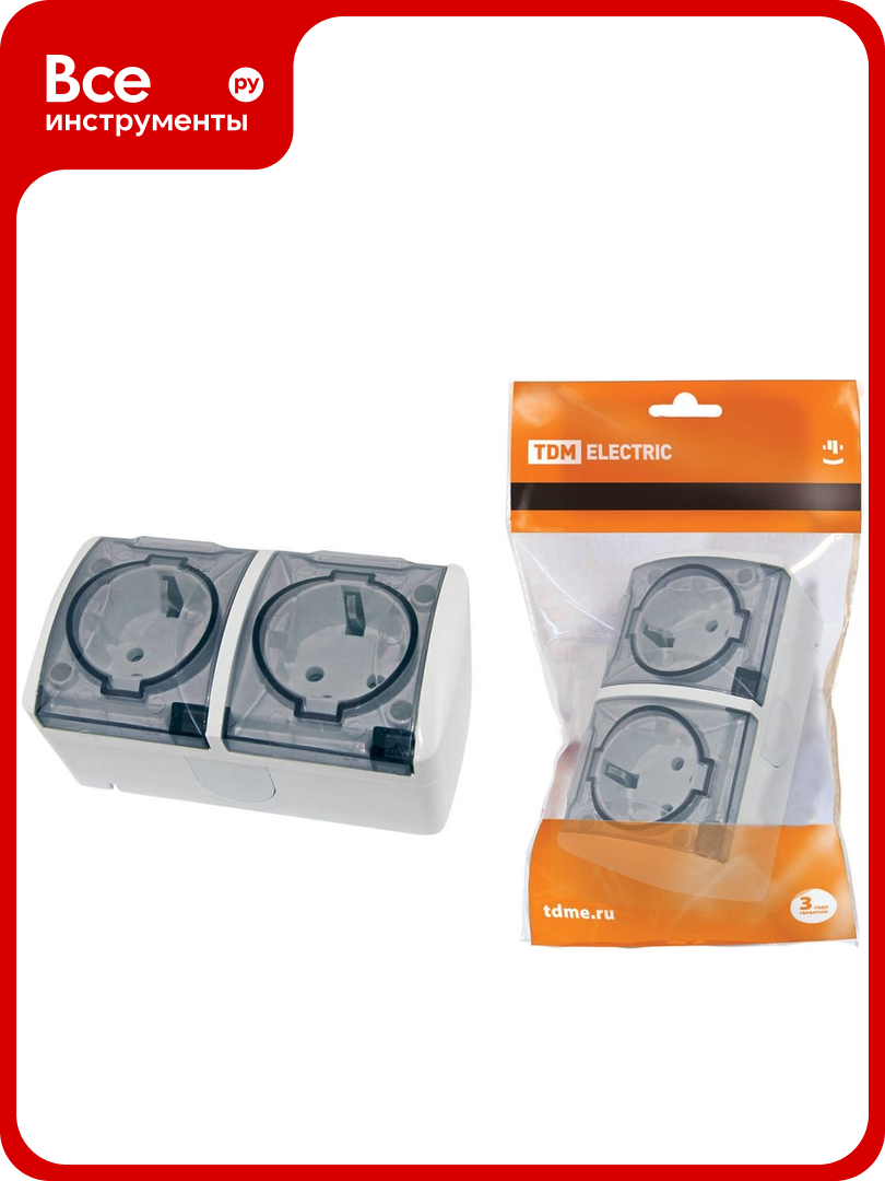 Двойная розетка TDM ELECTRIC 2П+3 открытой установки IP54 16А с прозрачной крышкой белая "Селигер" SQ1818-0009