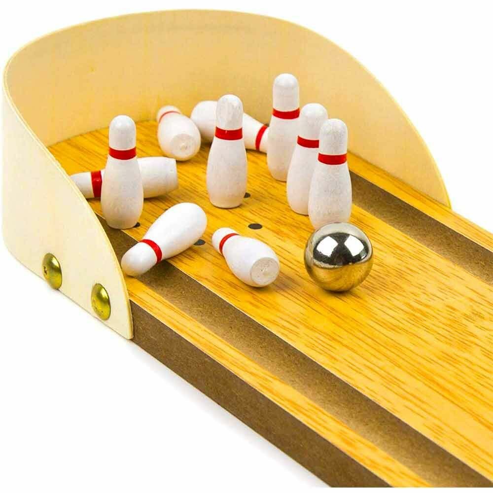 Деревянный набор для мини-боулинга со стартовой рампой, шаром и 10 кеглями, деревянная настольная игрушка