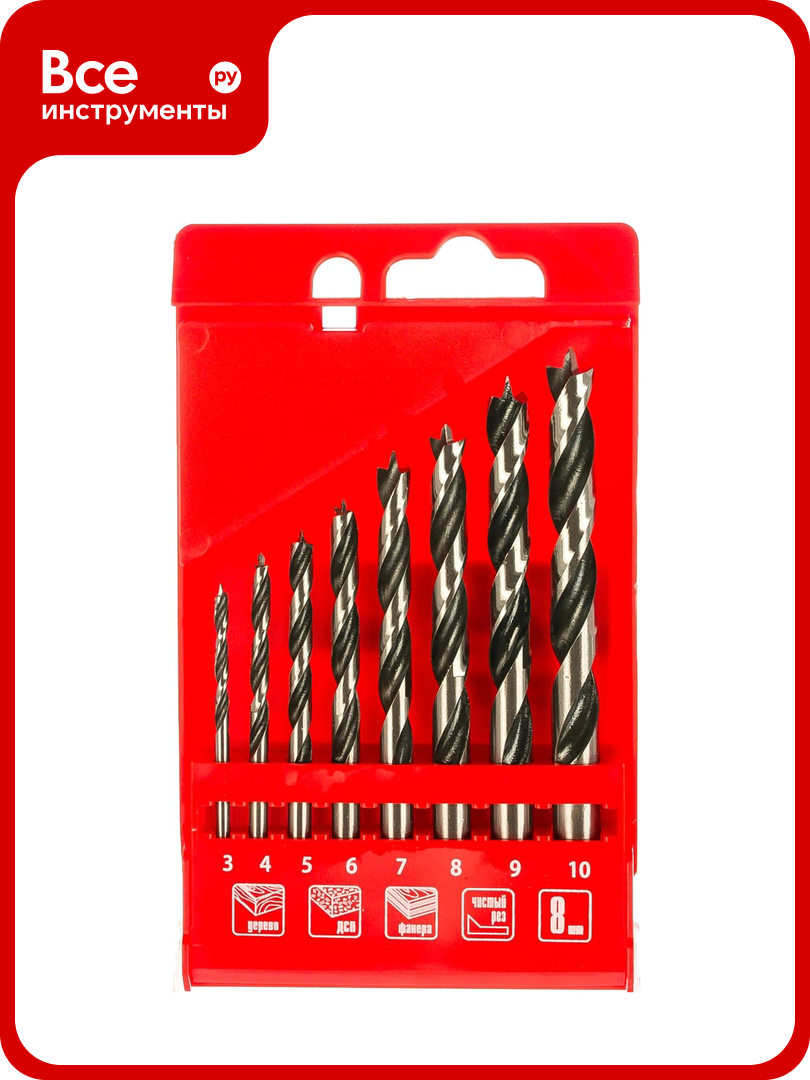 Набор сверл по дереву (8 шт; 3-4-5-6-7-8-9-10 мм) MATRIX 70282, 10 мм