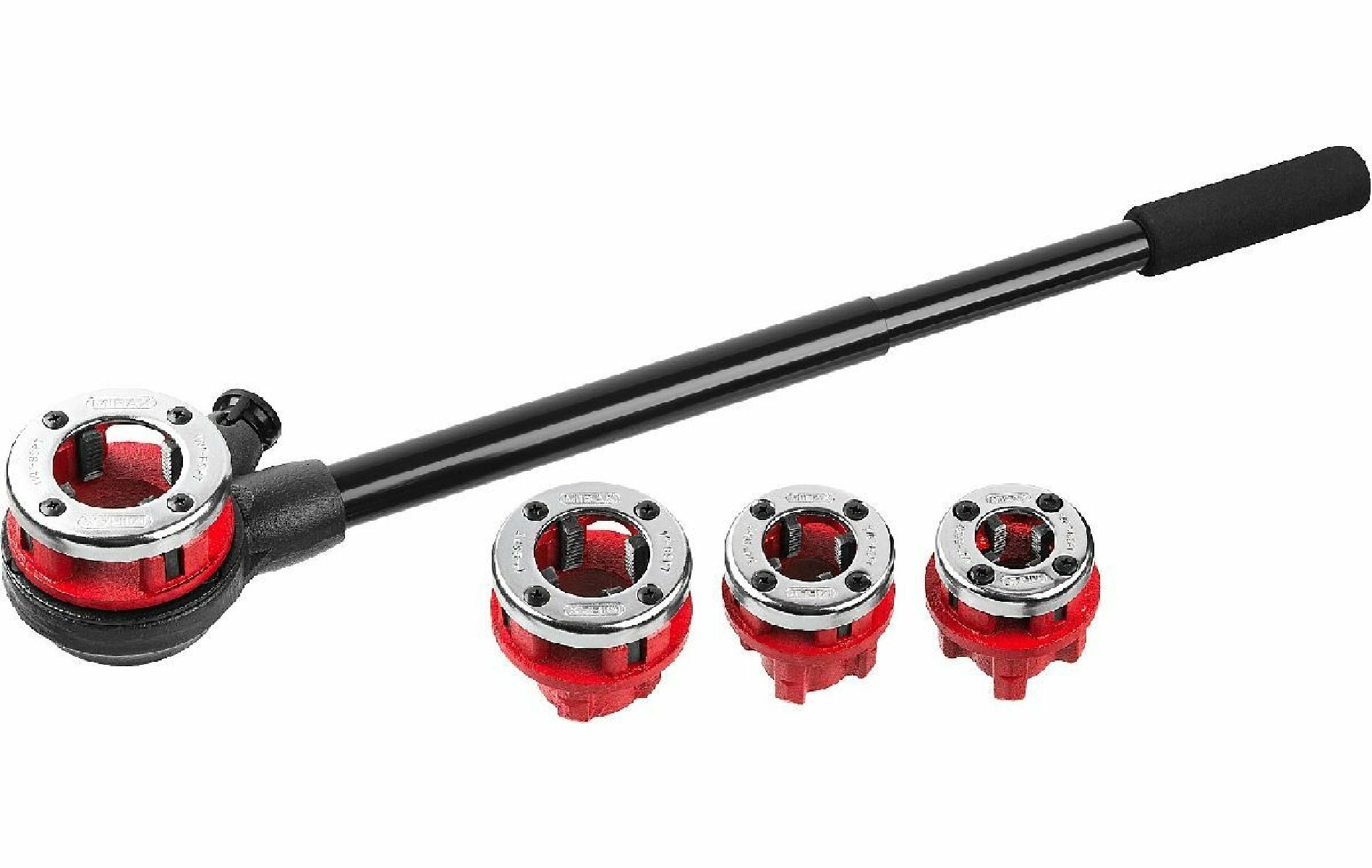 Набор клуппов с трещоткой MIRAX диаметры 1/2 3/4 1 1 1/4 дюйм трубная коническая резьба сталь 9Cr2 длина 620 мм двухкомпонентная ручка