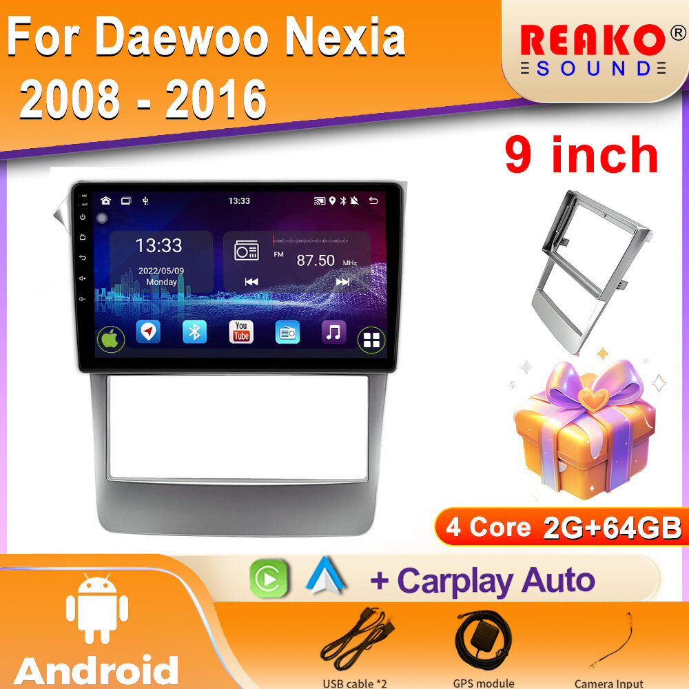 Магнитола для Daewoo Nexia 2008 - 2016 , с камерой заднего вида. IPS экран 9 дюймов, Wifi 2din с сенсорным экраном, usb и блютузом.