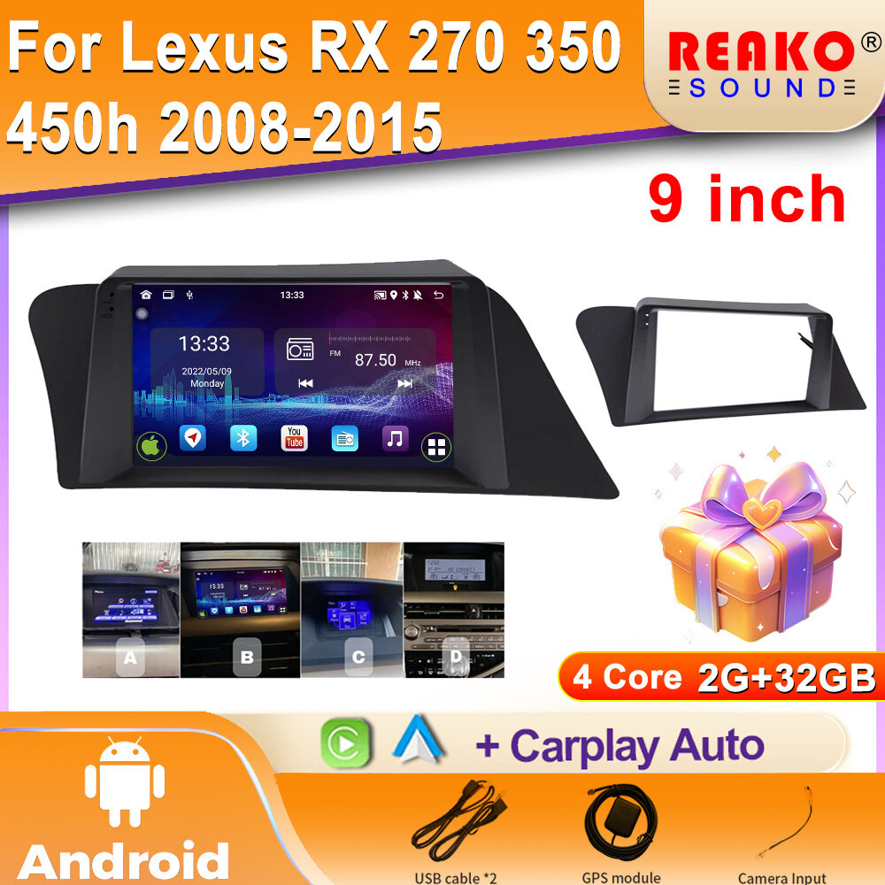 Магнитола для Lexus RX 270 350 450h 2008-2015 , с камерой заднего вида. IPS экран 9 дюймов, Wifi 2din с сенсорным экраном, usb и блютузом.