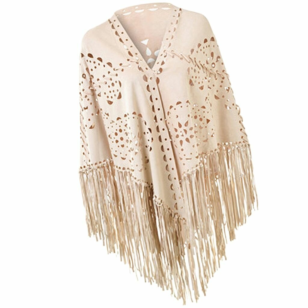 (1 штука) Замшевый плащ-накидка с полым шарфом-кисточкой-бежевый