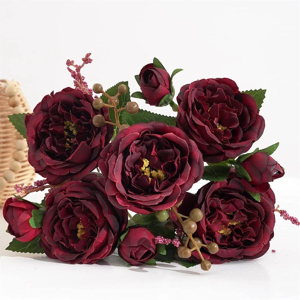 Искусственные розы и пионы, белый букет, smr Бордовый, red