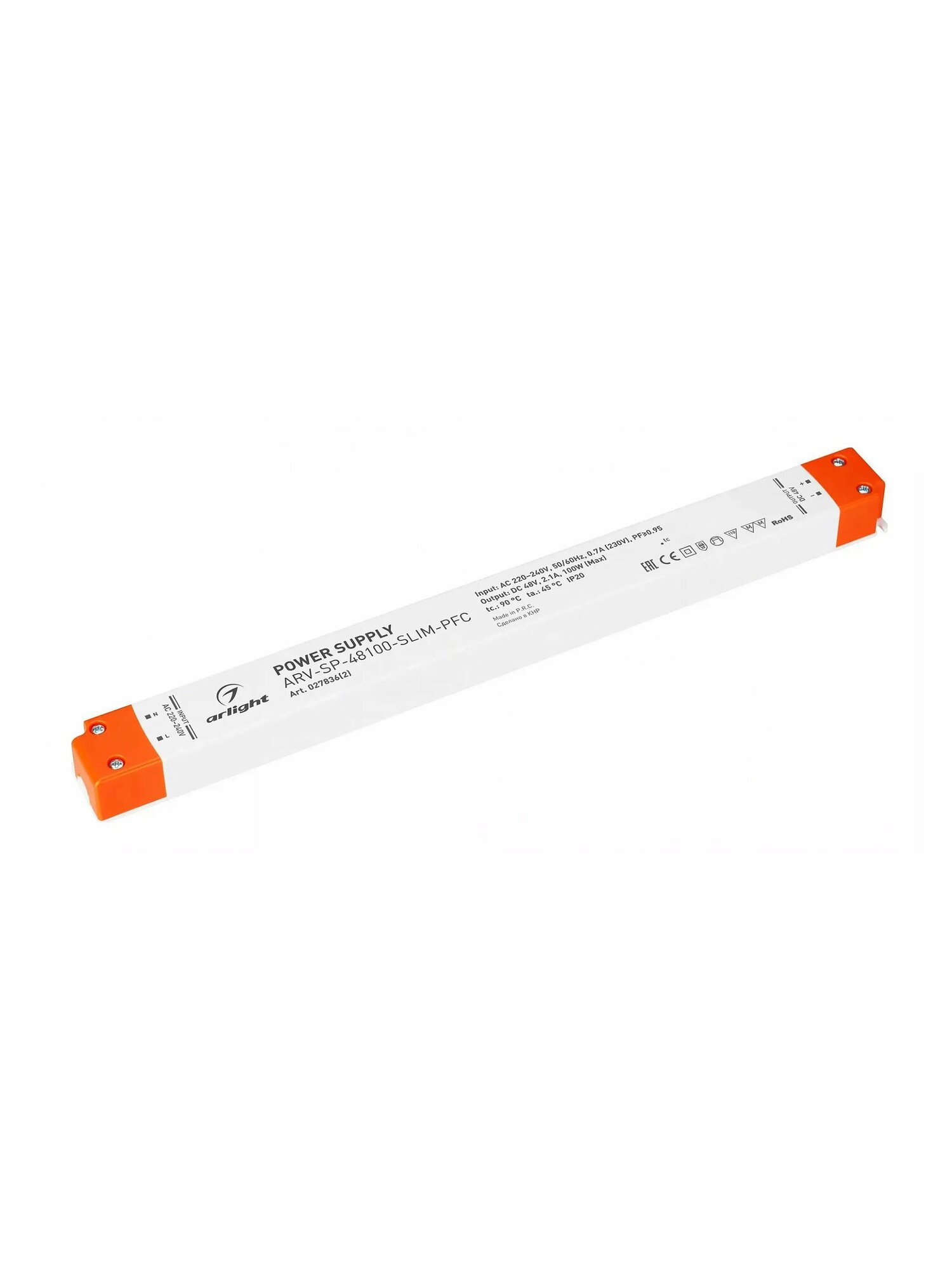 Внешний блок питания ARV-SP-48100-SLIM-PFC 100Вт 48В IP20 для трековой системы ElDeko, Д:320.6 x Ш:30 x В:18.2 мм