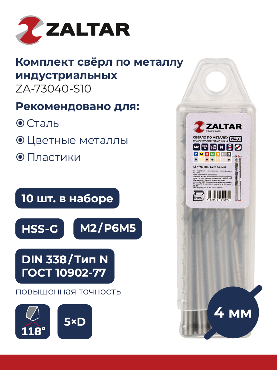 Комплект свёрл по металлу индустриальных, 10 шт, DIN 338, HSS-G, Тип N, 5xD, 4.00 мм