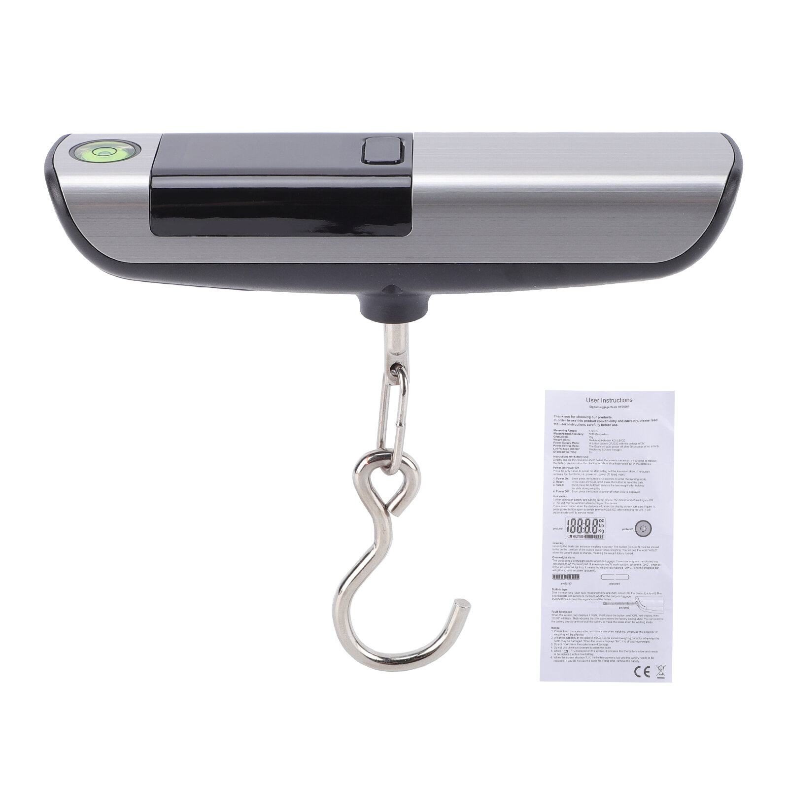 Весы для багажа, портативные цифровые подвесные весы 110 фунтов/50 кг с рулеткой и пузырьковым уровнем, ЖК-дисплей, сигнализация о перегрузке, функция переключения 3 единиц для домашних путешествий Версия с крючком из матовой панели из нержавеющей стали