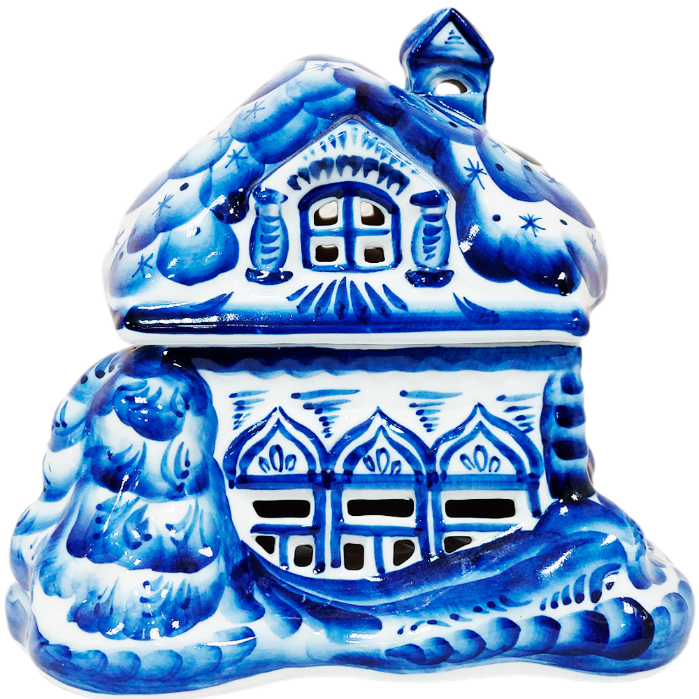 Фарфоровая шкатулка-светильник под свечку "Домик деда мороза Зимовье", гжель