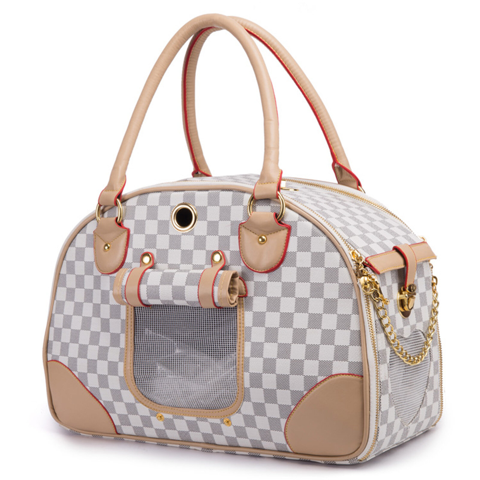 Pet Carrier Bag for Small Dogs Cat Portable Washable Puppy Carrier Waterproof Premium PU Leather, Color: brown, white checkered, Size: L with window, S without window, L: 42*29*18cm, S: 38*23*17cm, Weight: L: 1300g, S: 1000g, Material: High quality PU