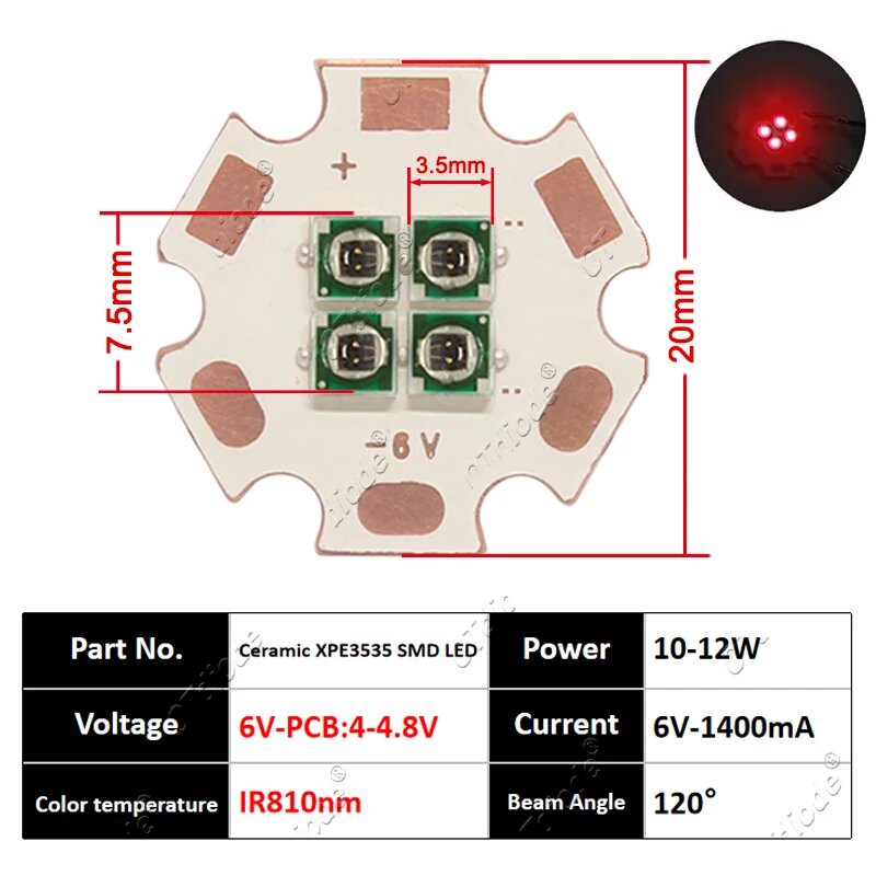 ИК светодиод OTdiode 10 Вт 660/730/760/810/850/940 нм 810nm 4-4.8V