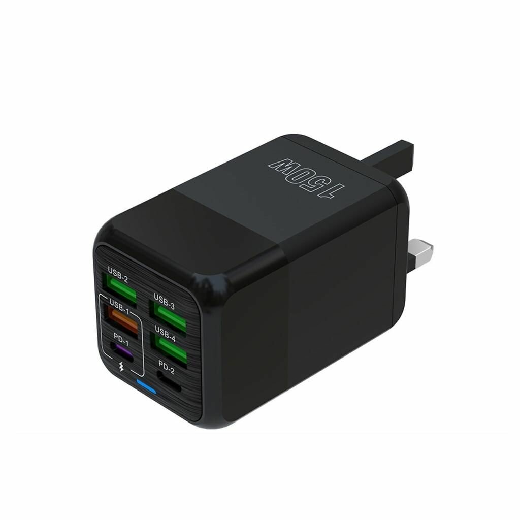 150 Вт 6 порт USB C Chargers 2PD QC3.0 Адаптер для быстрой зарядки телефона, Черный - UK