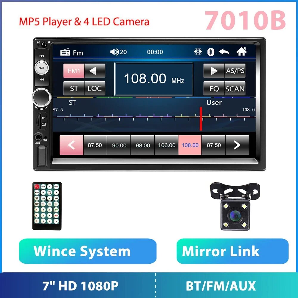 Автомагнитола Podofo 2 din HD-экран 7", автомобильное радио, автомагнитола с сенсорным экраном, медиаплеер MP5, Bluetooth USB TF FM, камера B Radio and 4 LED