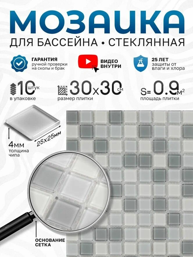 Плитка мозака стеклянная КерамограД 30х30 см ICE GRAY/ 10 сеток