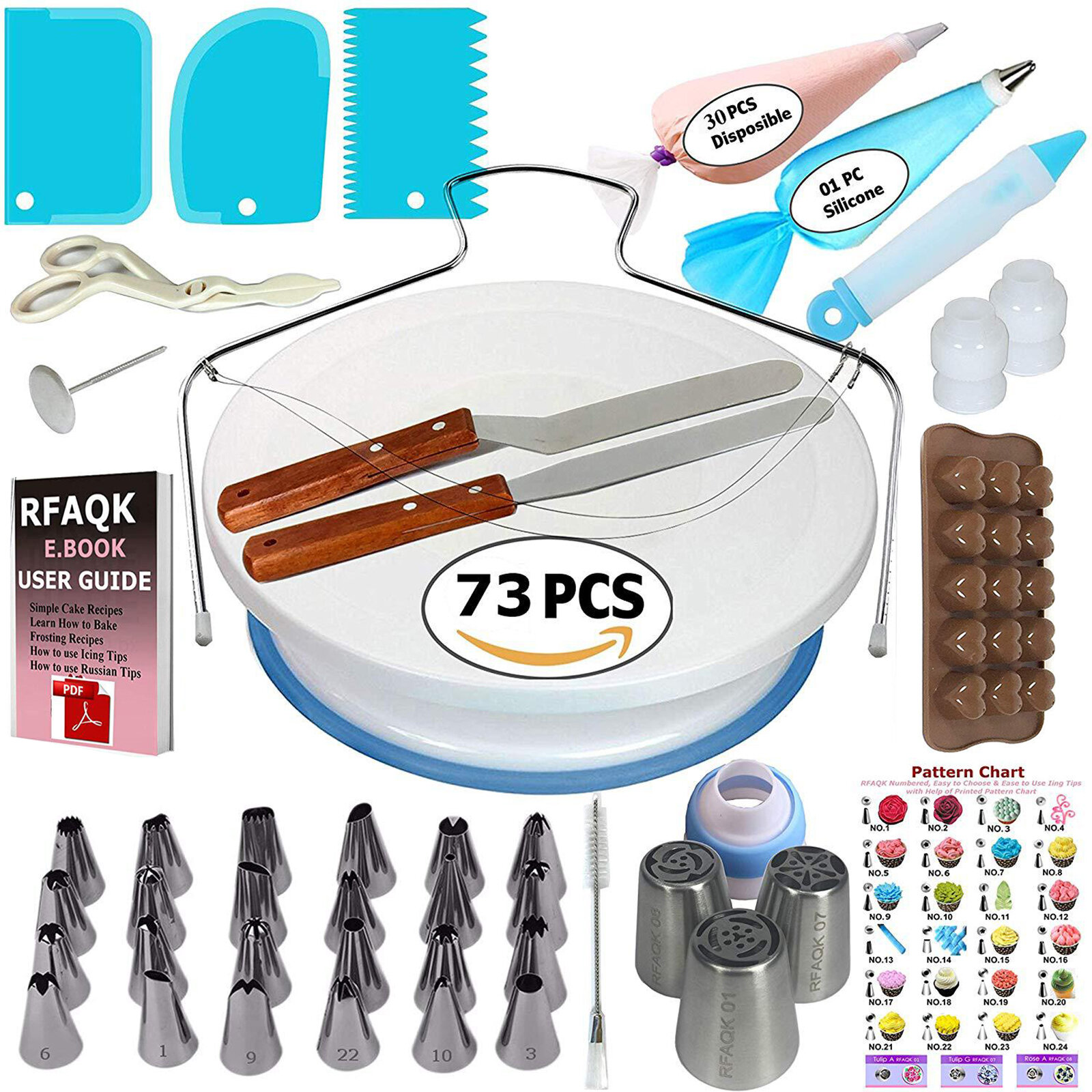73 pcs Набор для украшения тортов и капкейков с поворотным турном, кондитерскими мешками и насадками, лопатками для глазури и гладильщиками, из нержавеющей стали, ПЭ, ПП и нейлона, сертифицированный CE/EU, FDA, EEC, LFGB, SGS, CIQ, 895 г