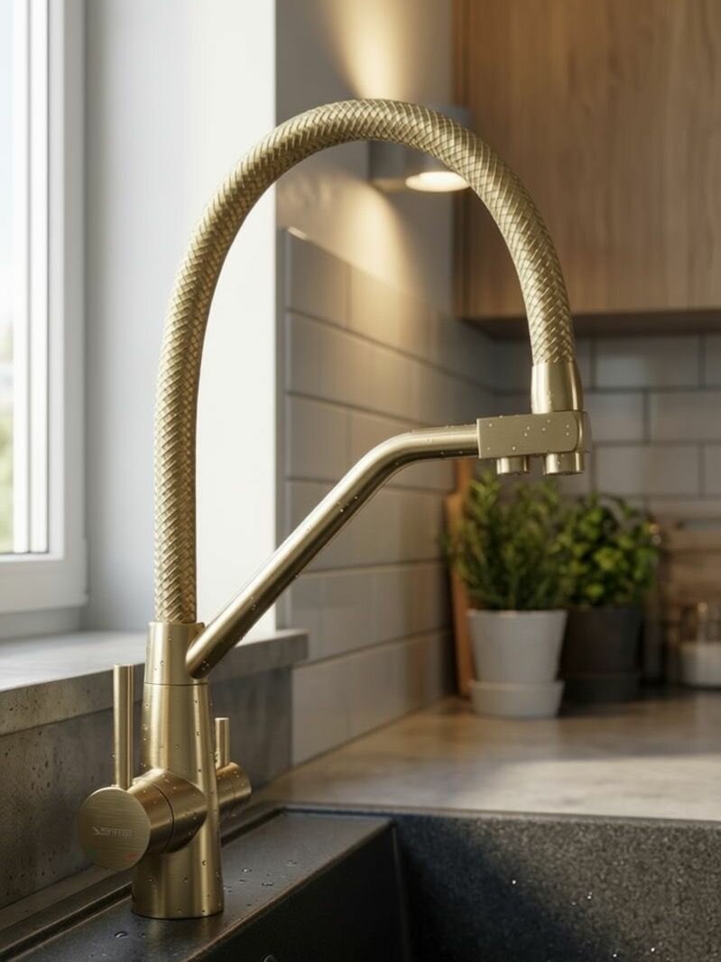 Смеситель для кухни с подключением под фильтр для питьевой воды / с съемным изливом / высокий, поворотный / матовое золото