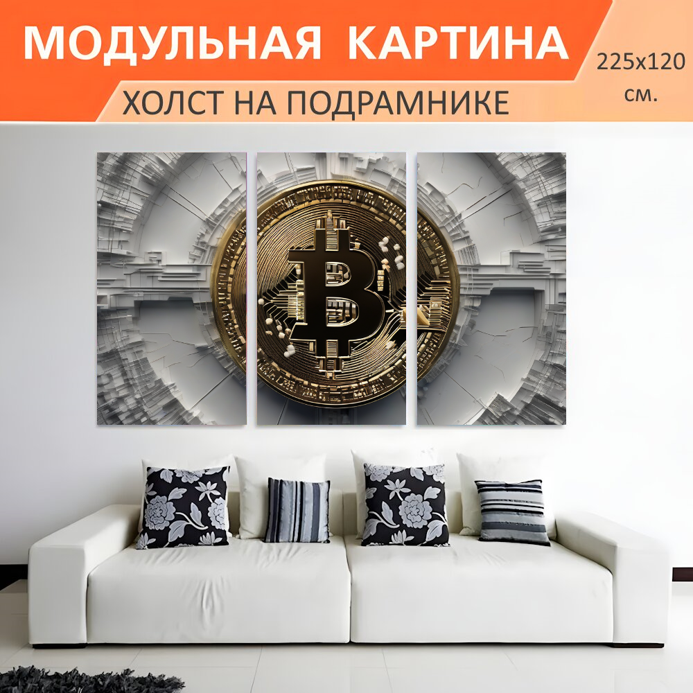 Модульная картина на холсте "Монета, крипта, финансы криптовалюта биткоин" триптих на подрамнике 225х120 см. для интерьера