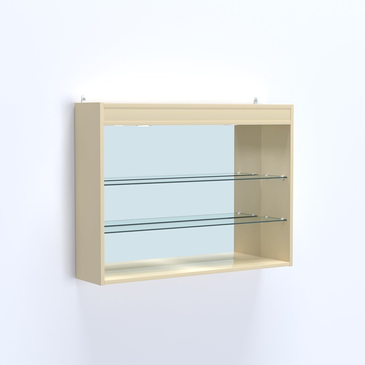 Витрина настенная №203-4Г зеркальная без дверей со стеклянными полками и верхней подсветкой, Крем Вайс