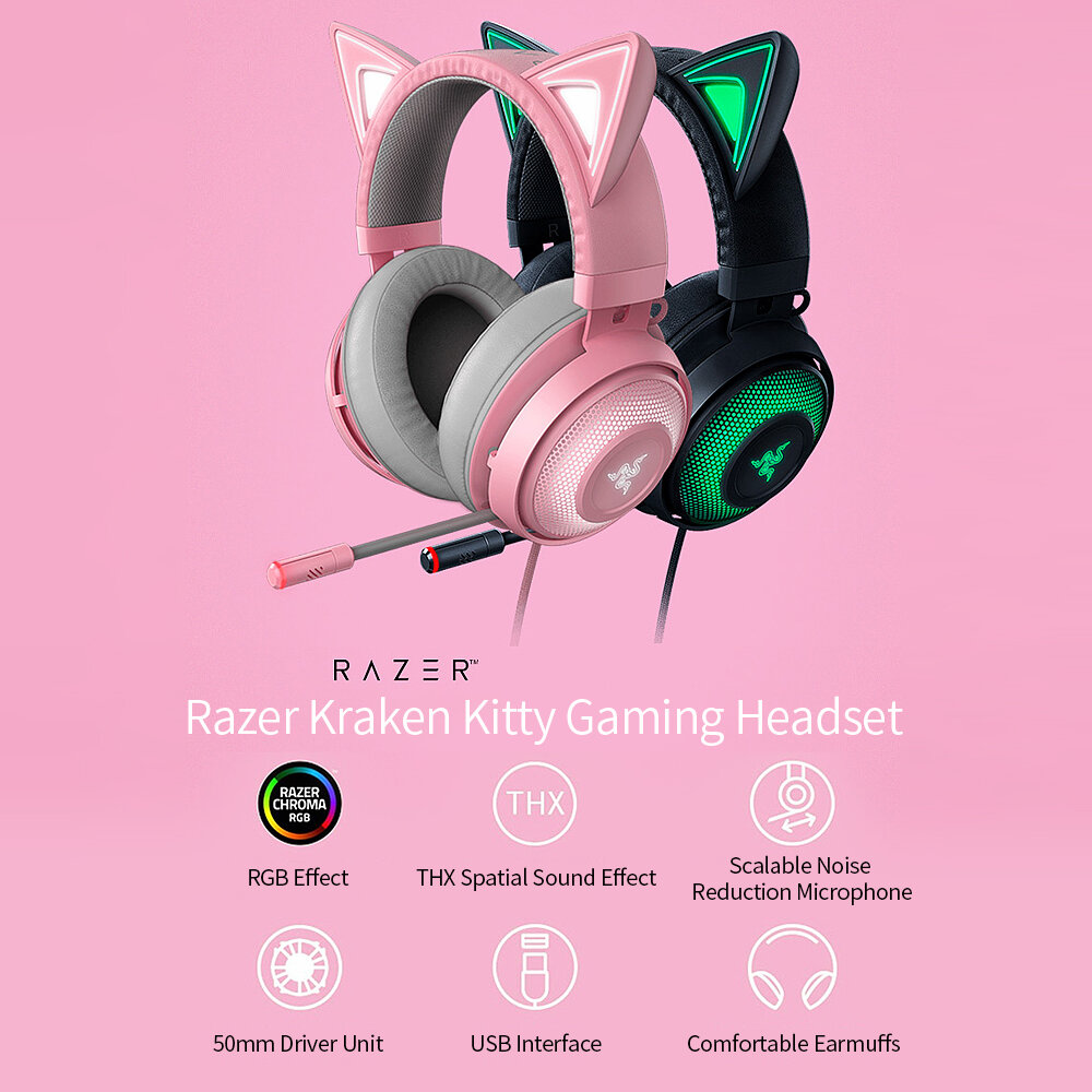 Игровая гарнитура Razer Kraken Kitty, объемный звук 7.1, микрофон с шумоподавлением, черная