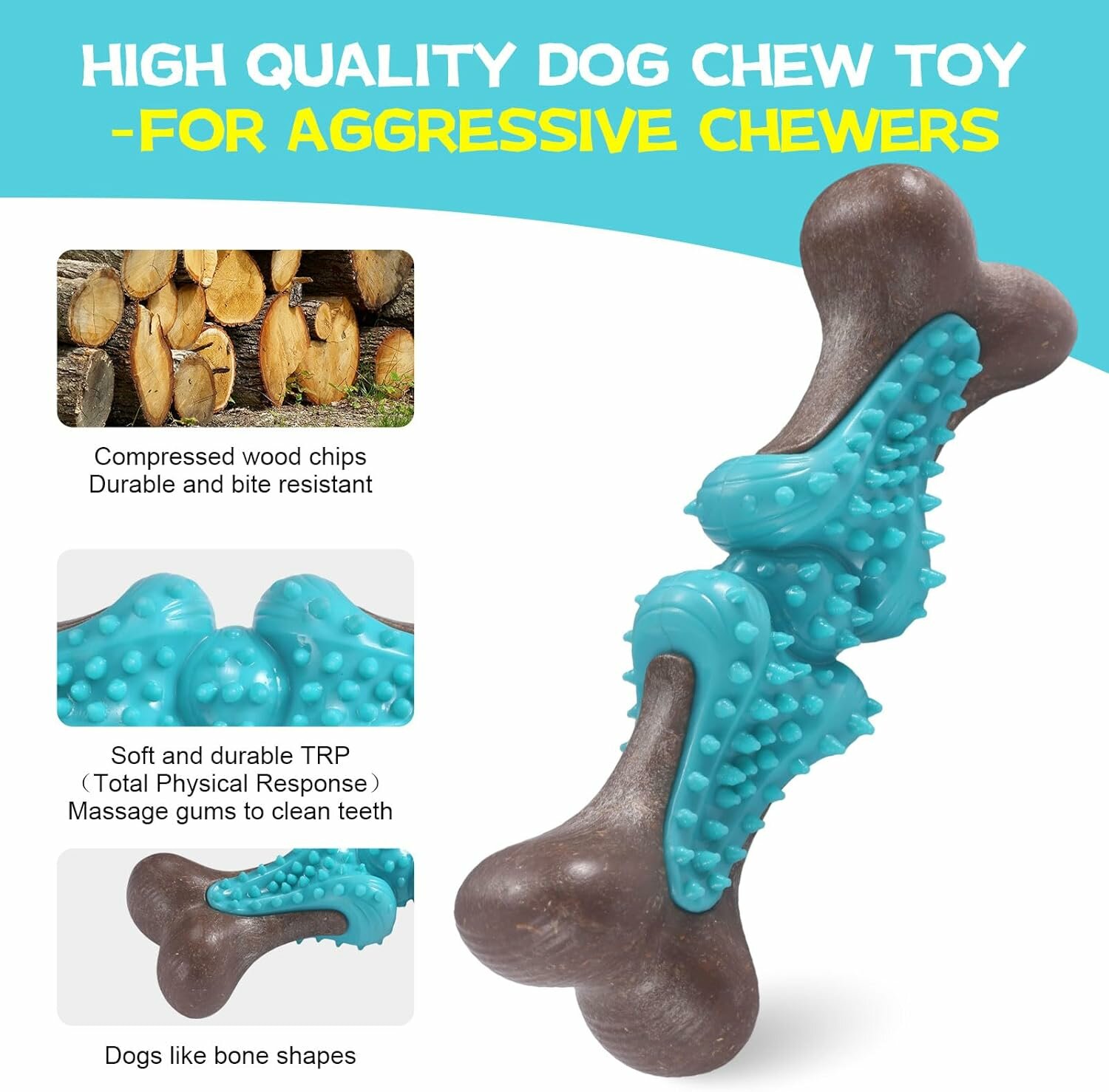 DINGXIAN Игрушка-кость для крупных собак: прочная зубная щетка из ТПР и древесного волокна для агрессивных жующих собак