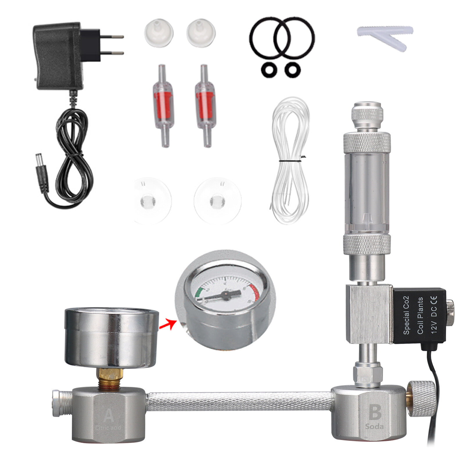 DIY Система Генератора CO2 для Аквариума с Электромагнитным Клапаном, Счетчиком Пузырьков и Контрольным Клапаном, Материал Алюминиевый Сплав, Цвет Серебристый, Комплект для Растений в Аквариуме, Включает Генератор CO2, Электромагнитный Клапан, Счетчик